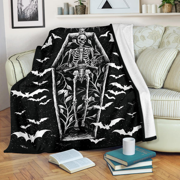 Bat Skull Skeleton Coffin Shrine Blanket Black And White – blended extreme